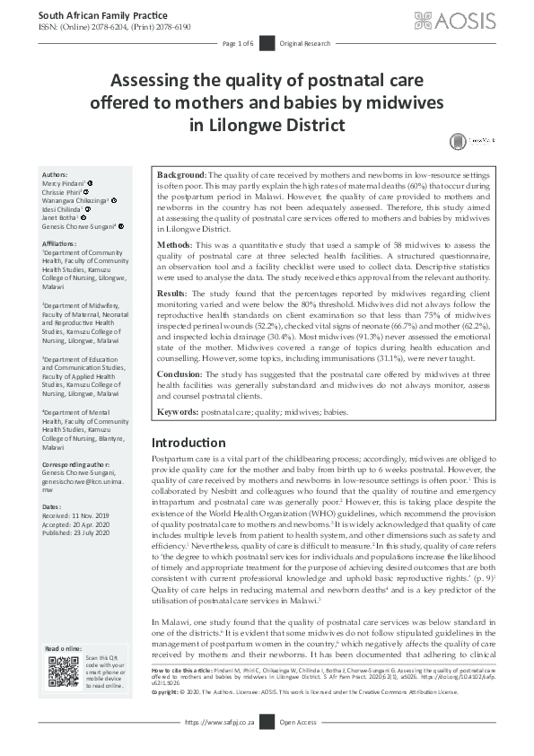 (PDF) Assessing the quality of postnatal care offered to mothers and ...