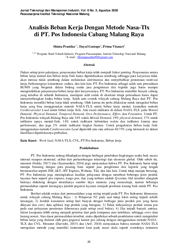 (PDF) Analisis Beban Kerja Dengan Metode Nasa-Tlx di PT. Pos Indonesia ...