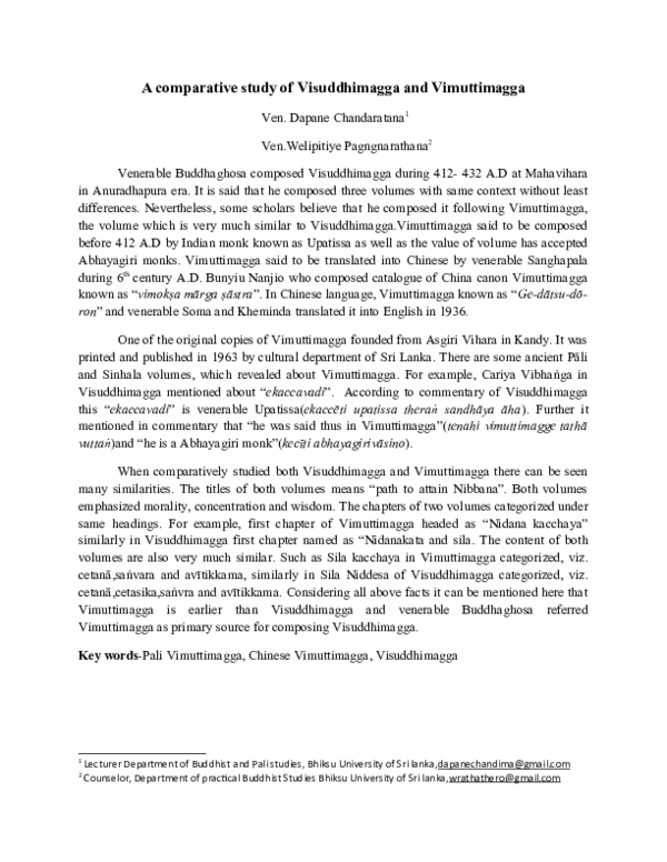 (DOC) A comparative study of Visuddhimagga and Vimuttimagga