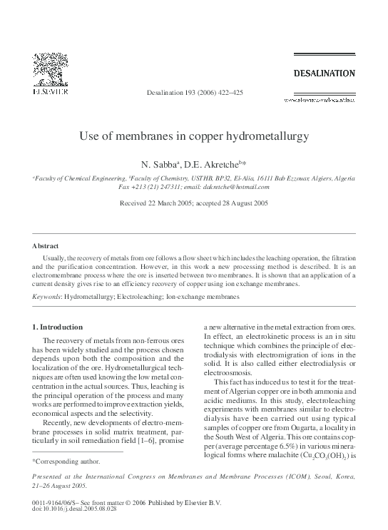 (PDF) Use of membranes in copper hydrometallurgy