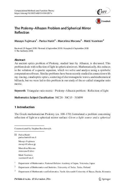 (PDF) The Ptolemy–Alhazen Problem and Spherical Mirror Reflection