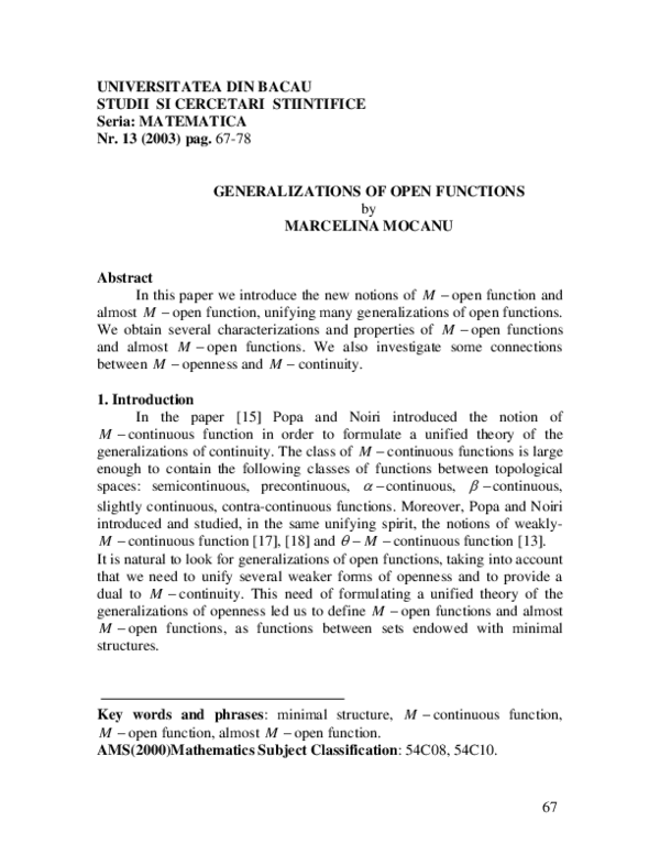 (PDF) Generalizations of open functions