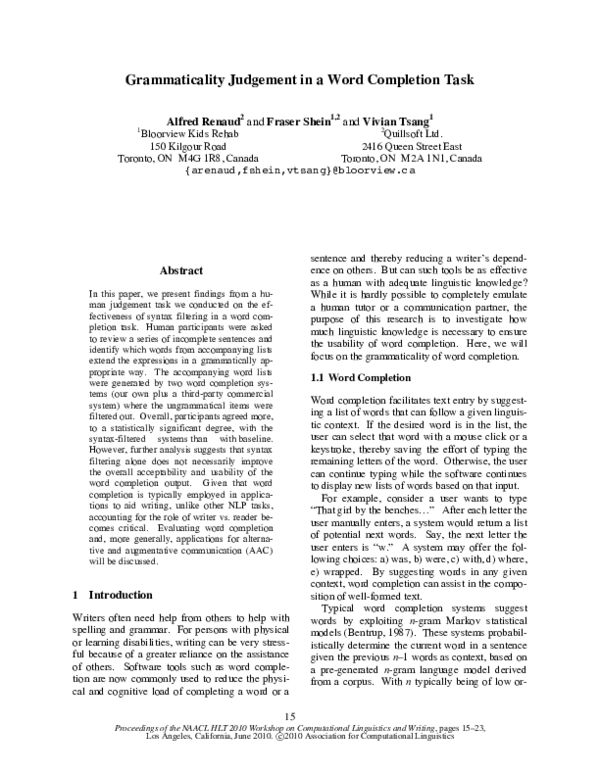 (PDF) Grammaticality judgement in a word completion task