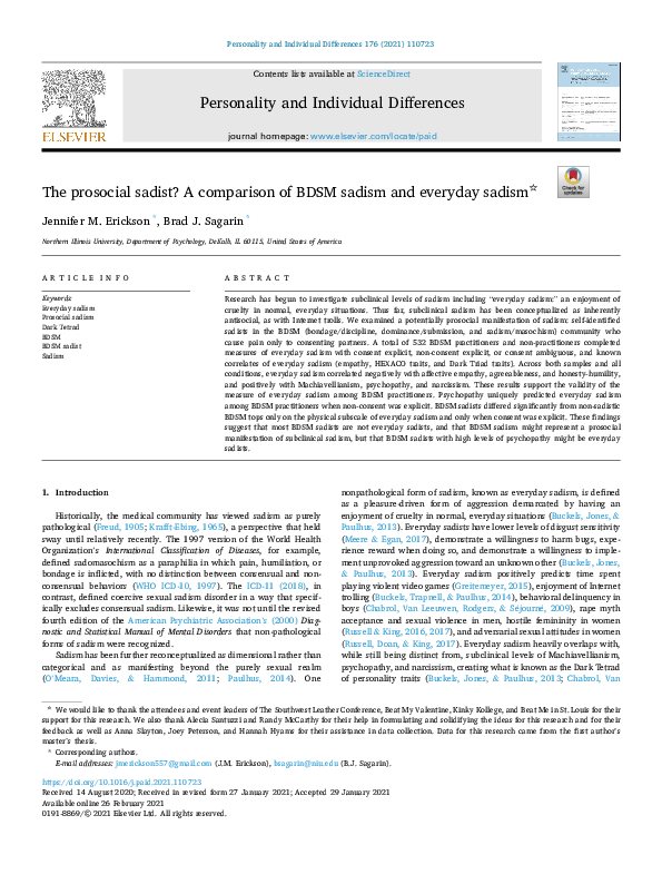(PDF) The prosocial sadist? A comparison of BDSM sadism and everyday sadism