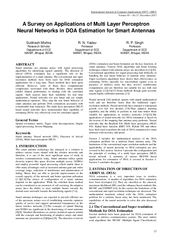 (PDF) A Survey on Applications of Multi Layer Perceptron Neural Networks in DOA Estimation for ...