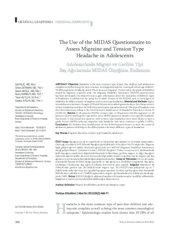 (PDF) The Use of the MIDAS Questionnaire to Assess Migraine and Tension ...