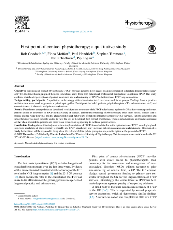 (PDF) First Point of Contact Physiotherapy; a qualitative study