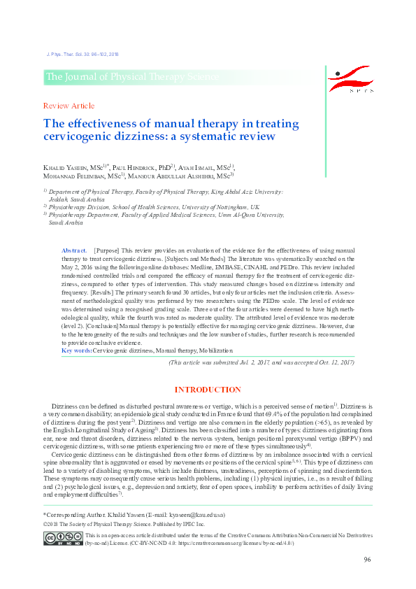 (PDF) The effectiveness of manual therapy in treating cervicogenic dizziness: a systematic review