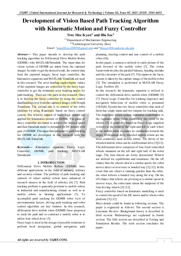 Pdf Development Of Vision Based Path Tracking Algorithm With Kinematic Motion And Fuzzy Controller
