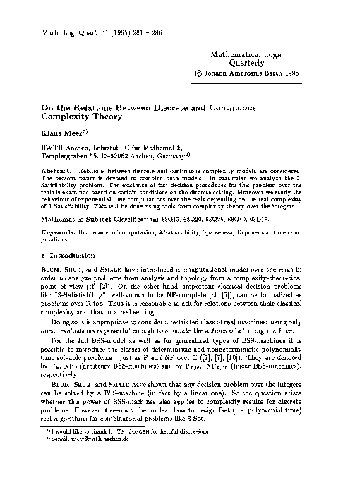 (PDF) On the Relations Between Discrete and Continuous Complexity Theory