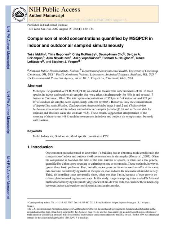 (PDF) Comparison of mold concentrations quantified by MSQPCR in indoor ...