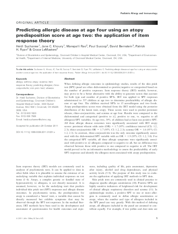 (PDF) Predicting allergic disease at age four using an atopy ...