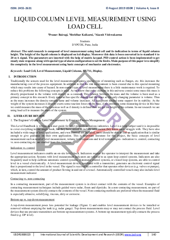 (PDF) LIQUID COLUMN LEVEL MEASUREMENT USING LOAD CELL