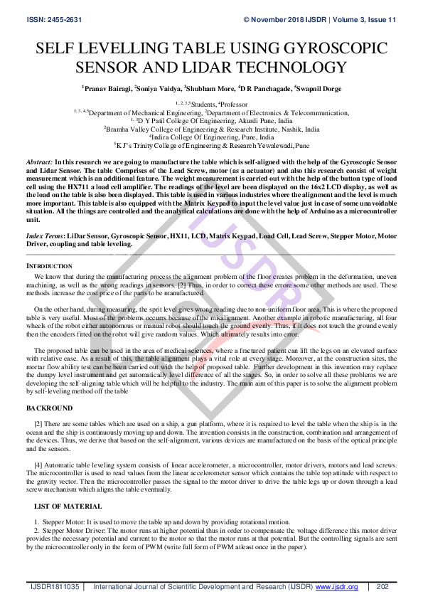 (PDF) SELF LEVELLING TABLE USING GYROSCOPIC SENSOR AND LIDAR TECHNOLOGY
