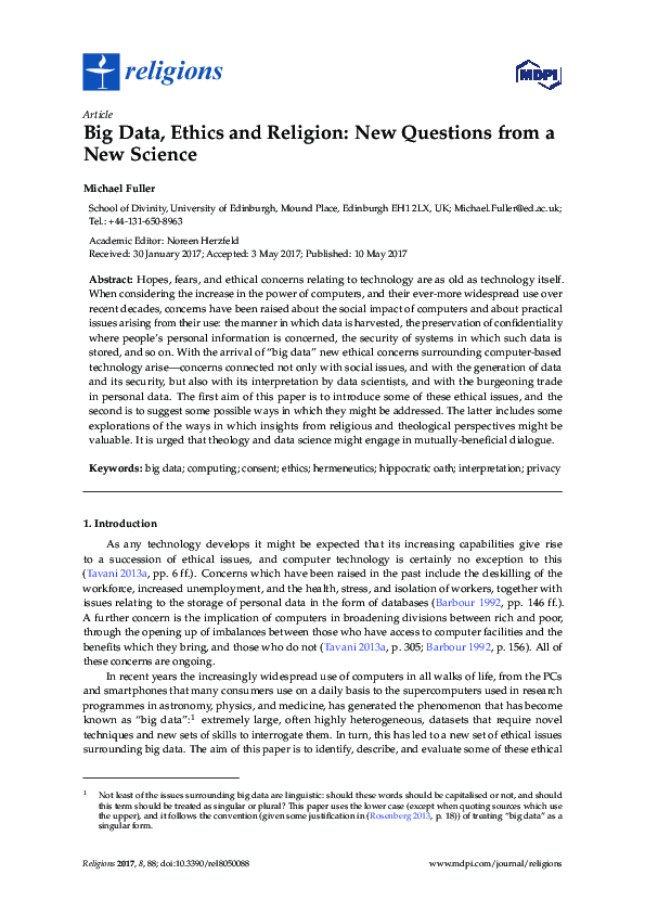 (PDF) Big Data, Ethics and Religion: New Questions from a New Science