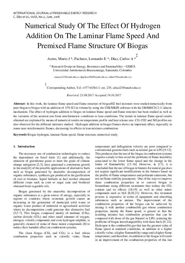 (PDF) Numerical Study Of The Effect Of Hydrogen Addition On The Laminar Flame Speed And Premixed ...