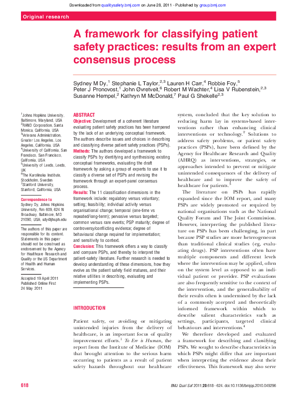 (PDF) A framework for classifying patient safety practices: results ...
