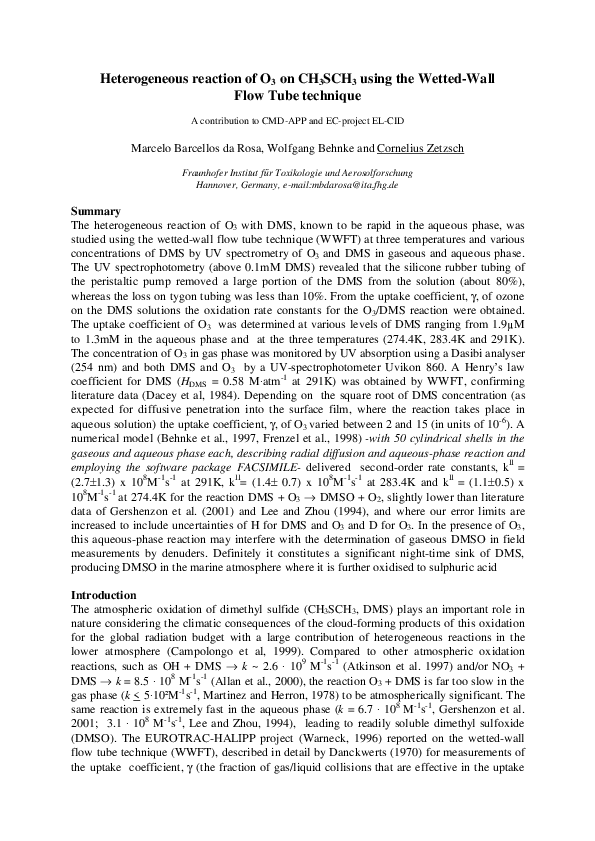 (PDF) Heterogeneous reaction of O3 on CH3SCH3 using the Wetted-Wall ...