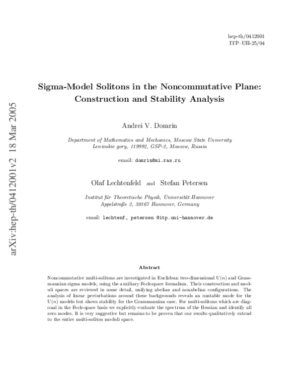 (PDF) Sigma-Model Solitons in the Noncommutative Plane: Construction ...