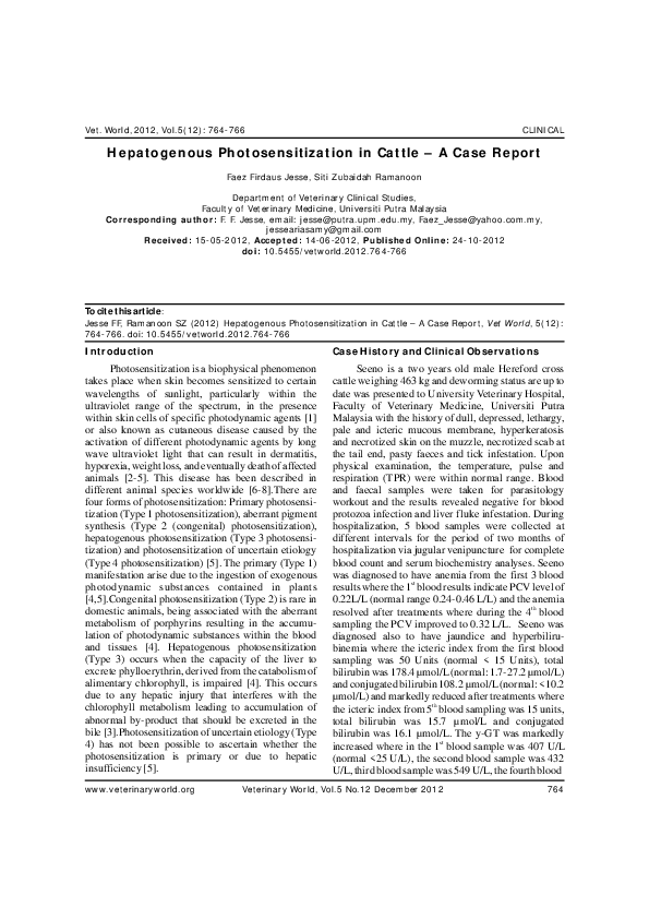(PDF) Hepatogenous Photosensitization in Cattle- A case Report