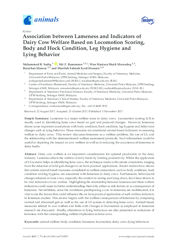 (PDF) Association between Lameness and Indicators of Dairy Cow Welfare ...