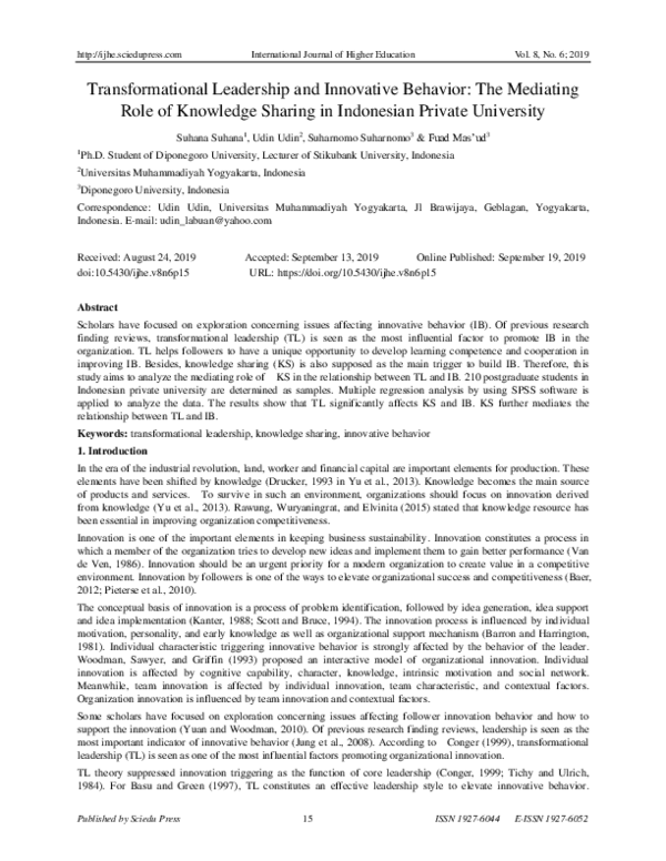 (PDF) Transformational Leadership and Innovative Behavior: The Mediating Role of Knowledge ...