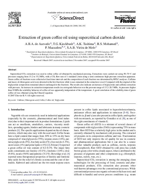 (PDF) Extraction of green coffee oil using supercritical carbon dioxide
