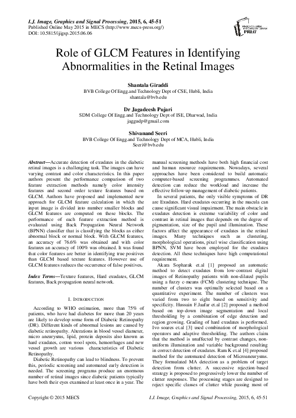 (PDF) Role of GLCM Features in Identifying Abnormalities in the Retinal Images