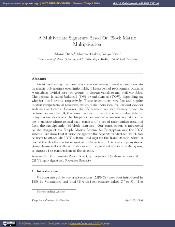 (PDF) A Multivariate Signature Based On Block Matrix Multiplication