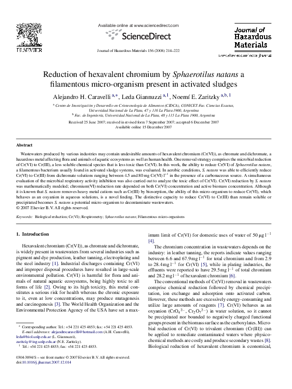(PDF) Reduction of hexavalent chromium by Sphaerotilus natans a ...