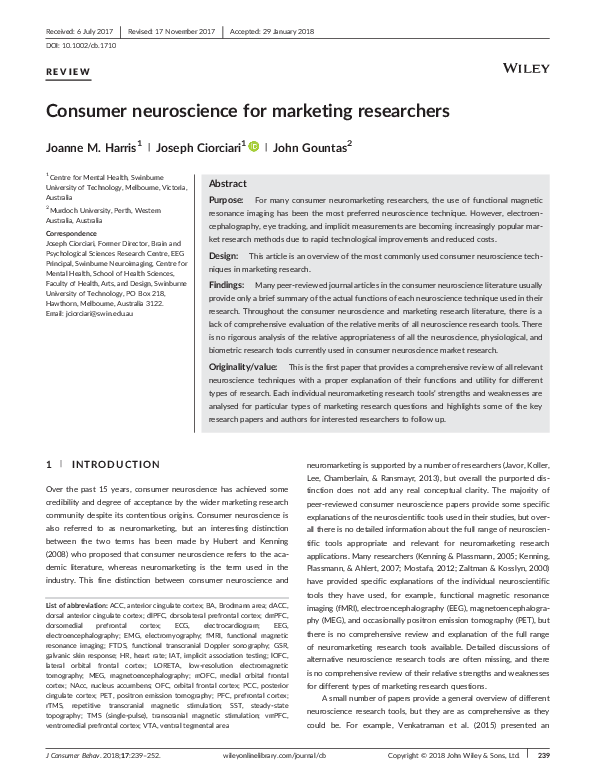 (PDF) Consumer neuroscience for marketing researchers