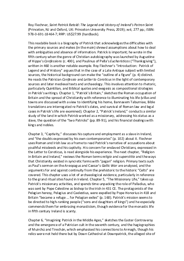 (PDF) Review of Roy Flechner, St Patrick Retold: The Legend and History ...
