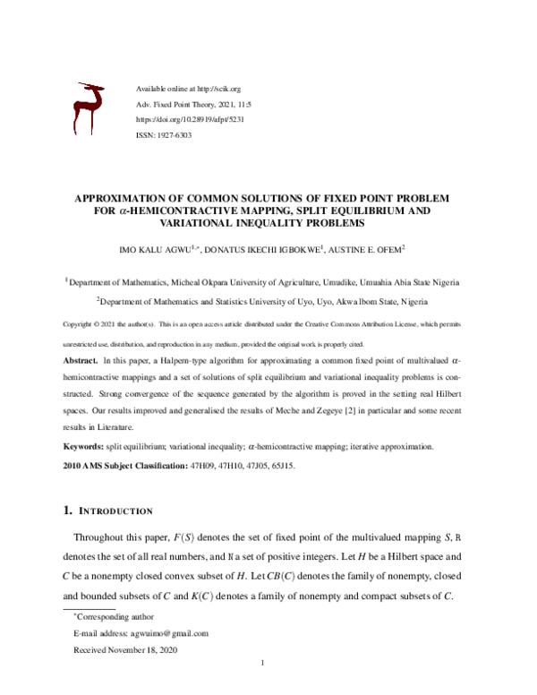 Pdf Approximation Of Common Solutions Of Fixed Point Problem For α