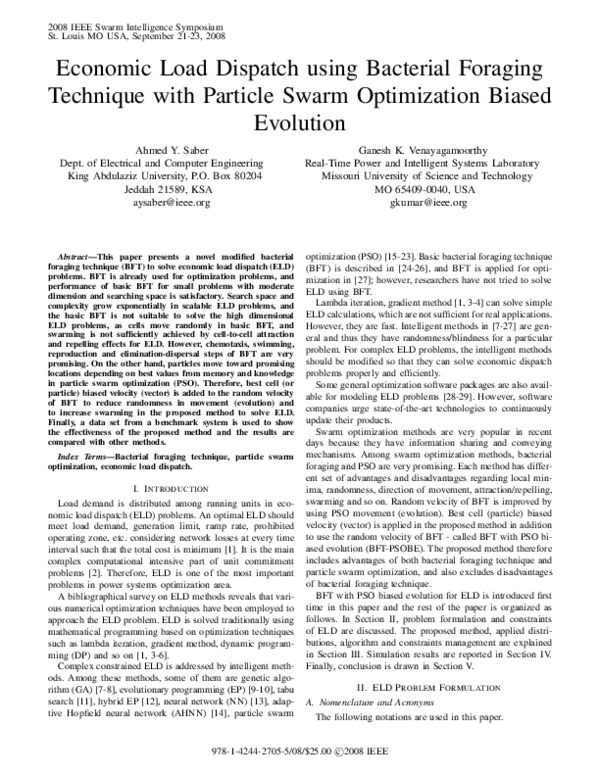 Pdf Economic Load Dispatch Using Bacterial Foraging Technique With