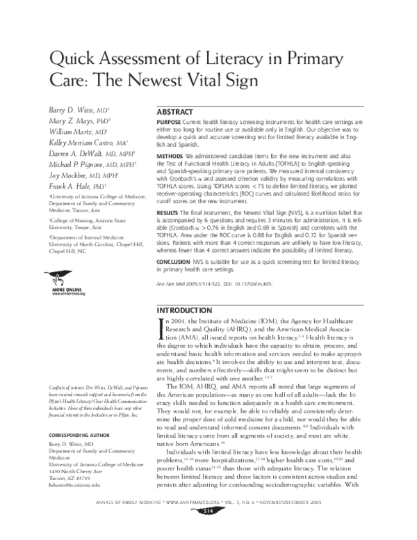 (PDF) Quick Assessment of Literacy in Primary Care: The Newest Vital Sign