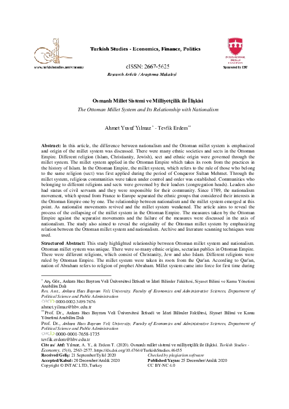 (PDF) Osmanlı Millet Sistemi ve Milliyetçilik ile İlişkisi The Ottoman ...