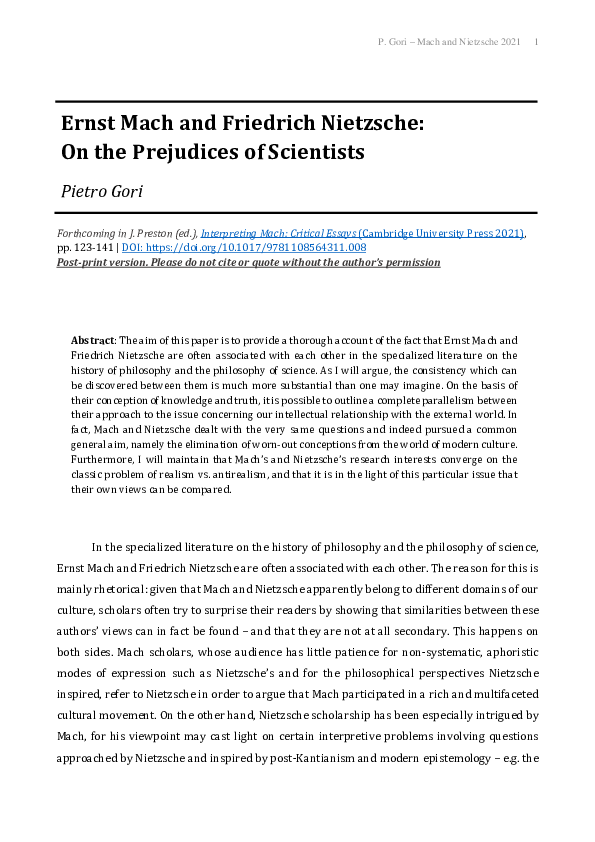(PDF) Ernst Mach and Friedrich Nietzsche. On the Prejudices of Scientists