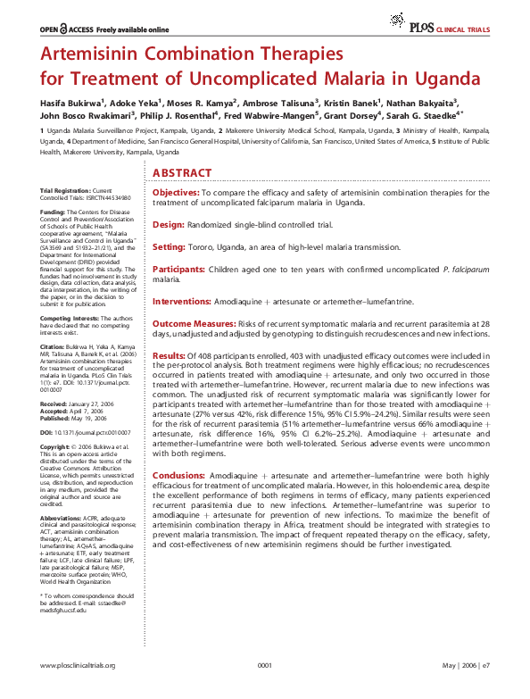 (PDF) Artemisinin Combination Therapies for Treatment of Uncomplicated ...