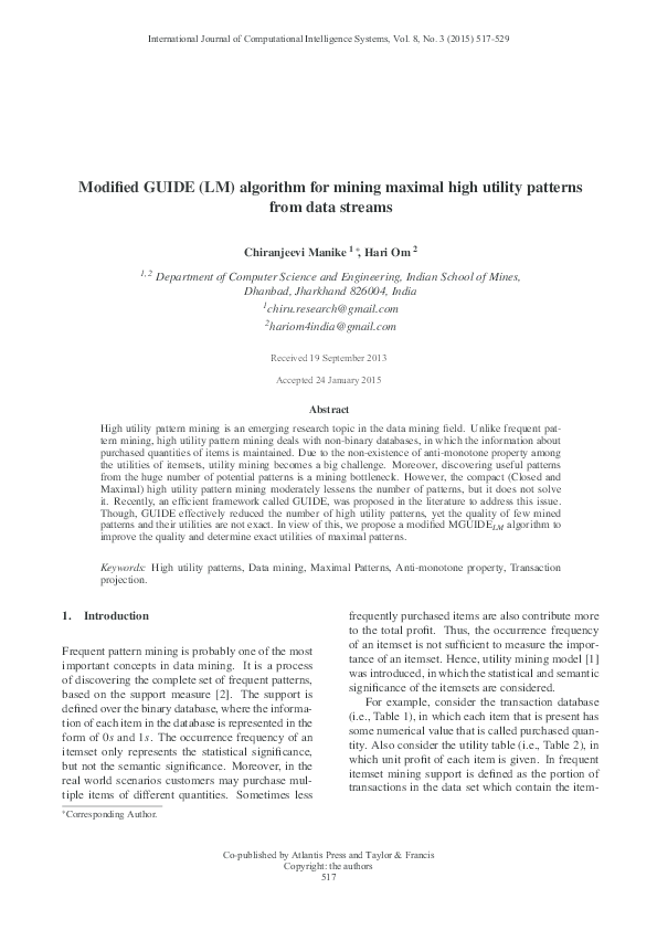 Pdf Modified Guide Lm Algorithm For Mining Maximal High Utility Patterns From Data Streams