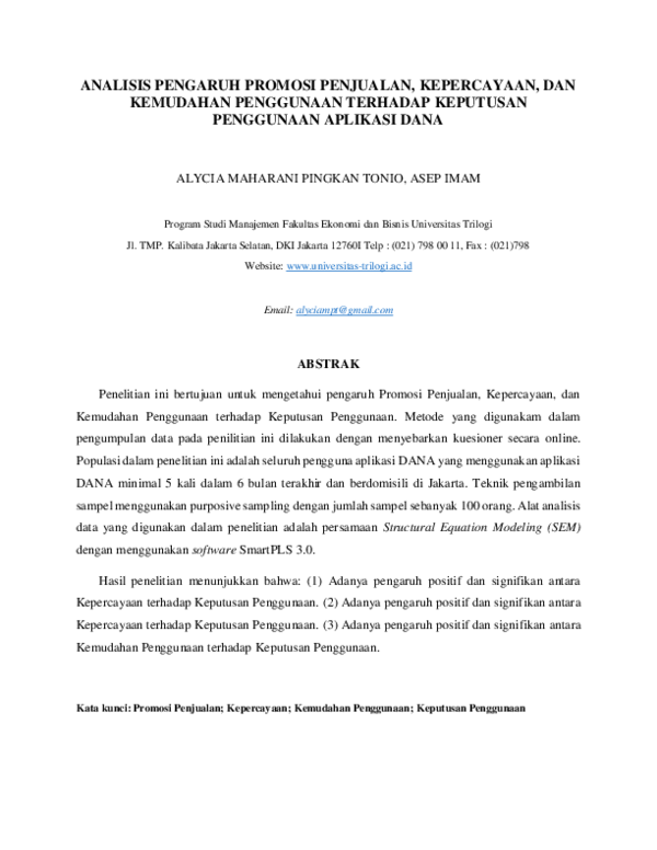 (PDF) ANALISIS PENGARUH PROMOSI PENJUALAN, KEPERCAYAAN, DAN KEMUDAHAN PENGGUNAAN TERHADAP ...