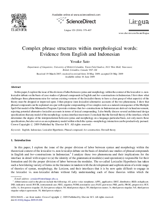 (PDF) Complex phrase structures within morphological words: Evidence from English and Indonesian