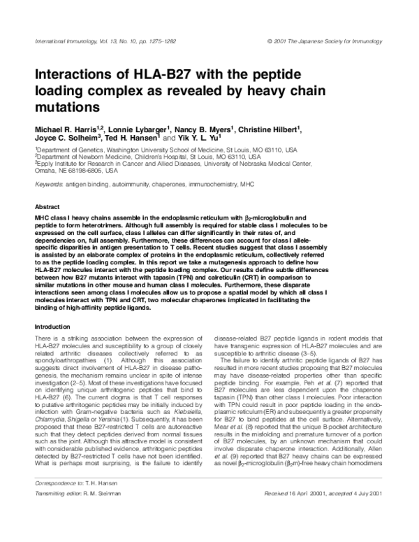 (PDF) Interactions of HLA-B27 with the peptide loading complex as ...