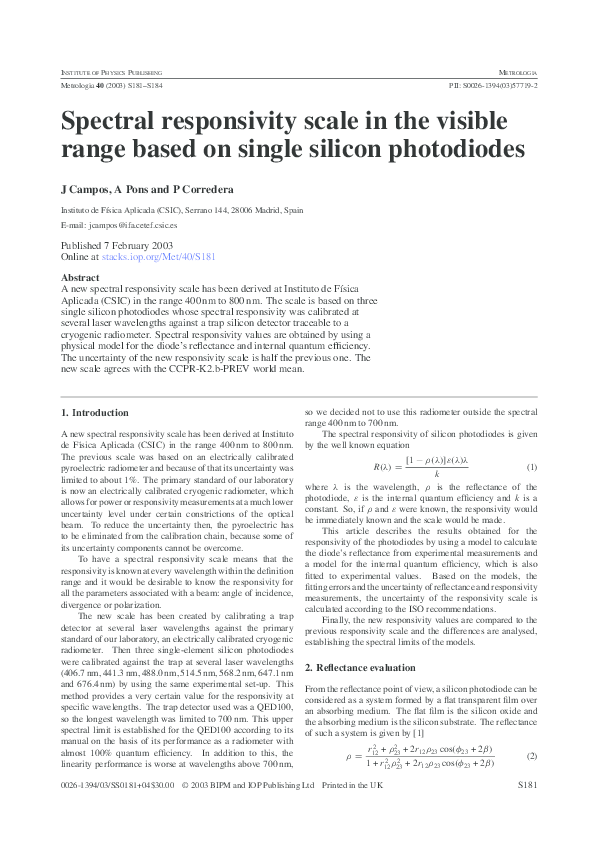 (PDF) Spectral responsivity scale in the visible range based on single ...