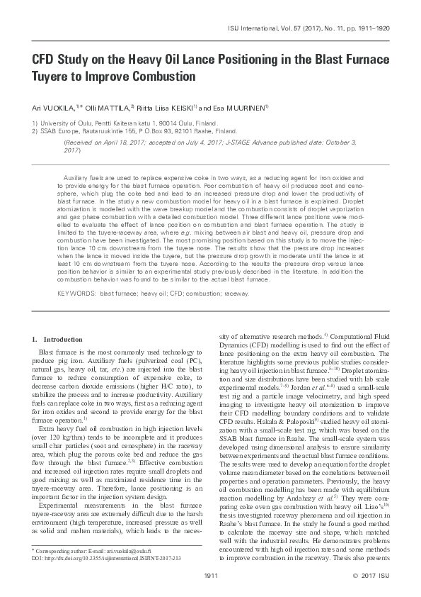 (PDF) CFD Study on the Heavy Oil Lance Positioning in the Blast Furnace ...
