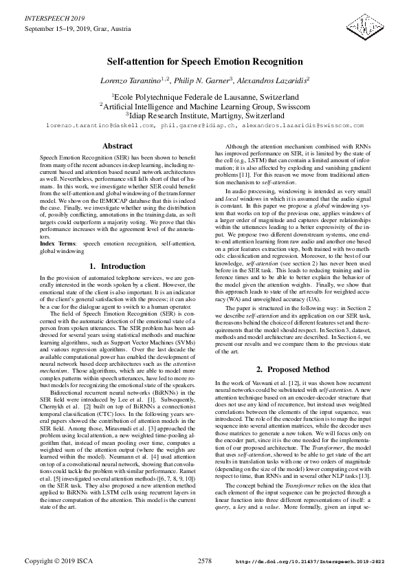 (PDF) Self-Attention for Speech Emotion Recognition