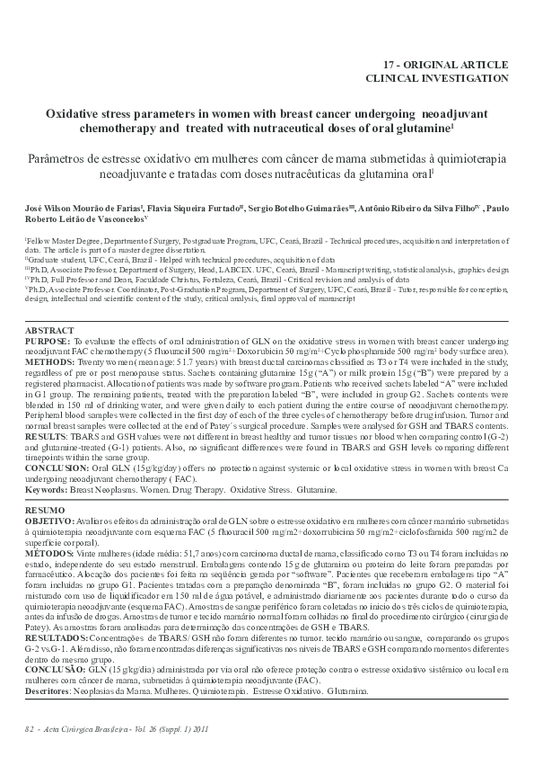 (PDF) Oxidative stress parameters in women with breast cancer undergoing neoadjuvant ...