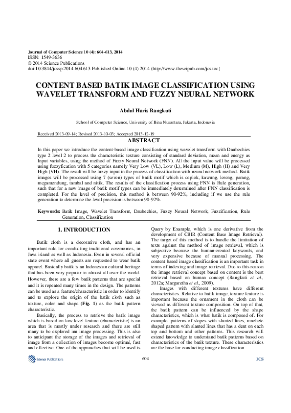 (PDF) Content Based Batik Image Classification Using Wavelet Transform and Fuzzy Neural Network