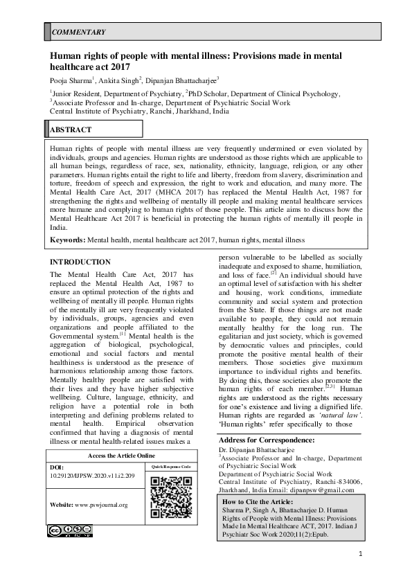 (PDF) Human rights of people with mental illness: Provisions made in ...