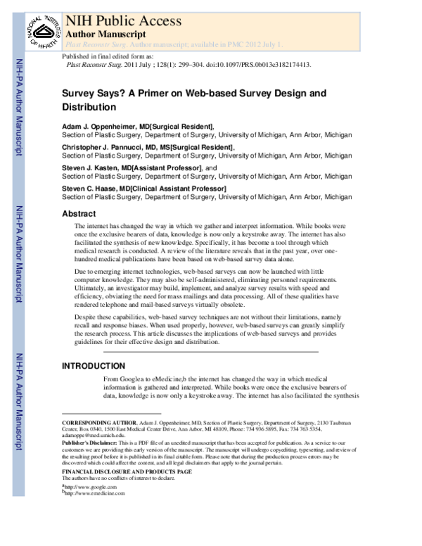 (PDF) Survey Says? A Primer on Web-Based Survey Design and Distribution