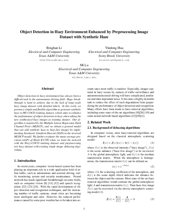 Pdf Object Detection In Hazy Environment Enhanced By Preprocessing